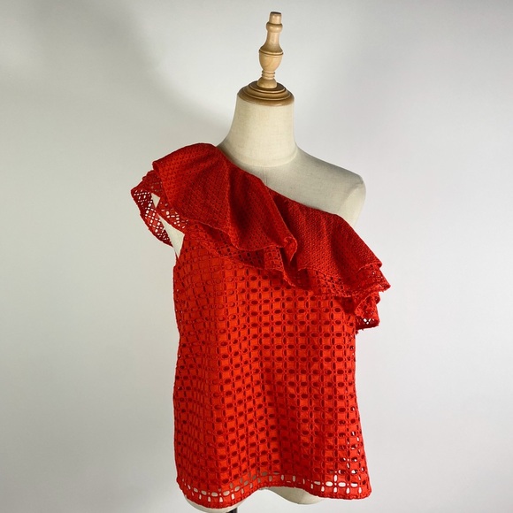 J. Crew | Tops | J Crew Eyelet One Shoulder Ruffle Red Tank Womens 6 ...